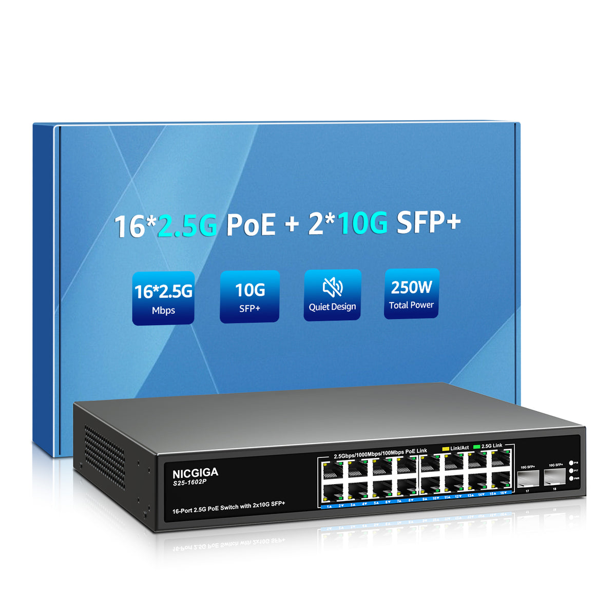 PoE Switch with 16 Port 2.5Gb Base-T PoE+@250W + 2 x 10G SFP+ Uplink | NICGIGA