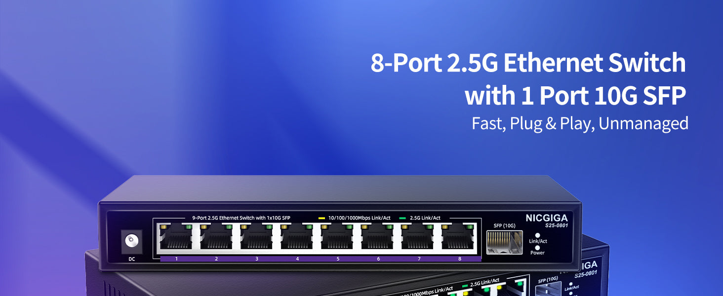 10 Port 2.5Gb Unmanaged Ethernet Switch with 8* 2.5G Base-T Ports + 2 ...