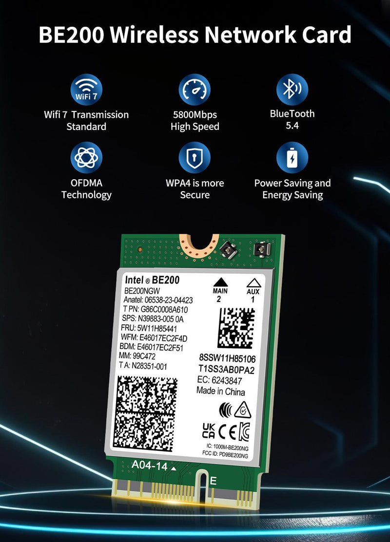 WiFi 7 Wireless Card Intel BE200 NGW, Bluetooth 5.4, 5800Mbps M.2/NGFF ...