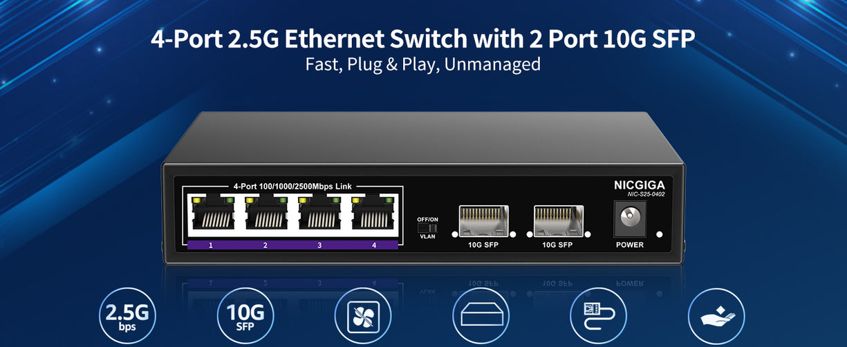 6 Port 2.5G Unmanaged Ethernet Switch, 4 x 2.5G Base-T Ports, 2 x 10G ...