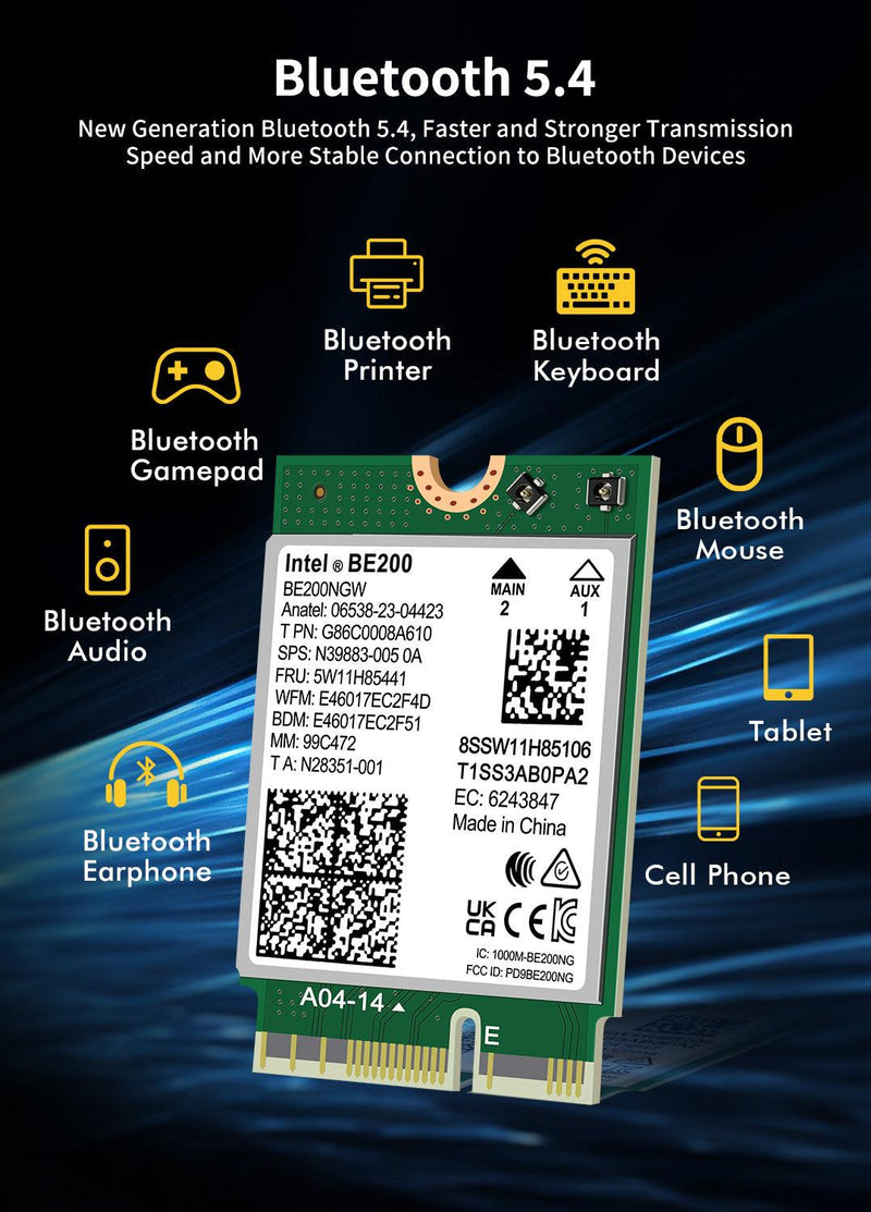 WiFi 7 Wireless Card Intel BE200 NGW, Bluetooth 5.4, 5800Mbps M.2/NGFF ...