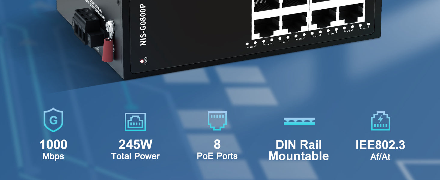 NICGIGA 8 Port Industrial Gigabit PoE Switch DIN-Rail, with 8 x IEEE80