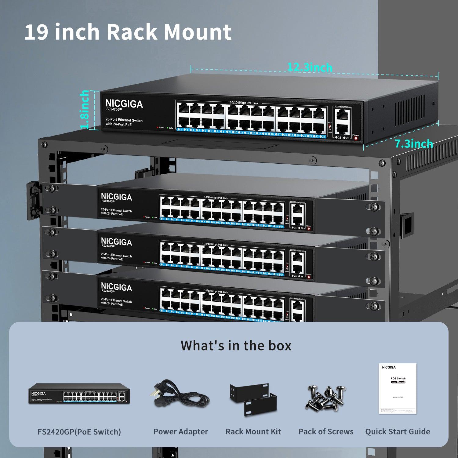 24 Port PoE Switch Unmanaged, 24 Port PoE+@320W, 2 Gigabit Uplink Port ...