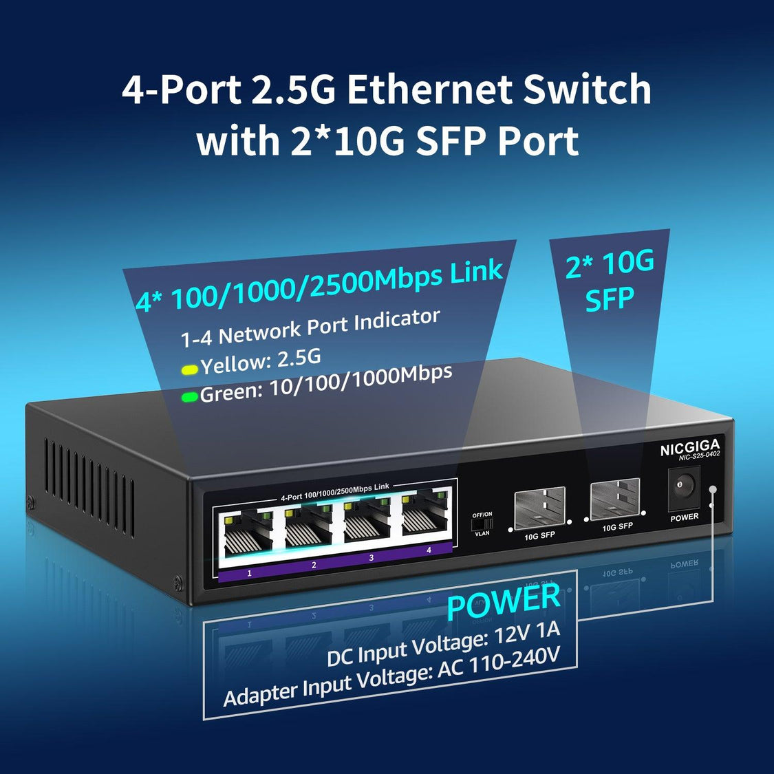 NICGIGA 6 Port 2.5G Ethernet Switch with 4X 2500Mbps + 2X 10G SFP Upli
