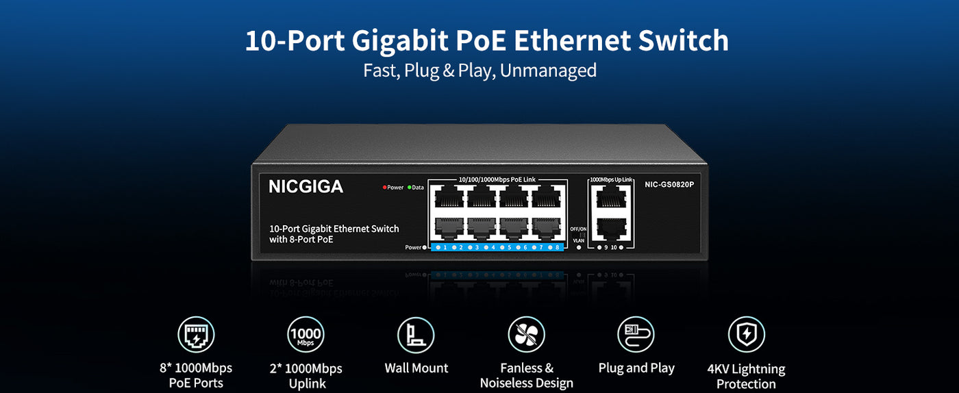 8 Port Gigabit PoE Switch Unmanaged, 8 Ports PoE+@120W, 802.3af/at, NI ...
