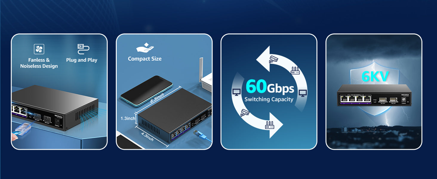 6 Port 2.5G Unmanaged Ethernet Switch, 4 x 2.5G Base-T Ports, 2 x 10G ...